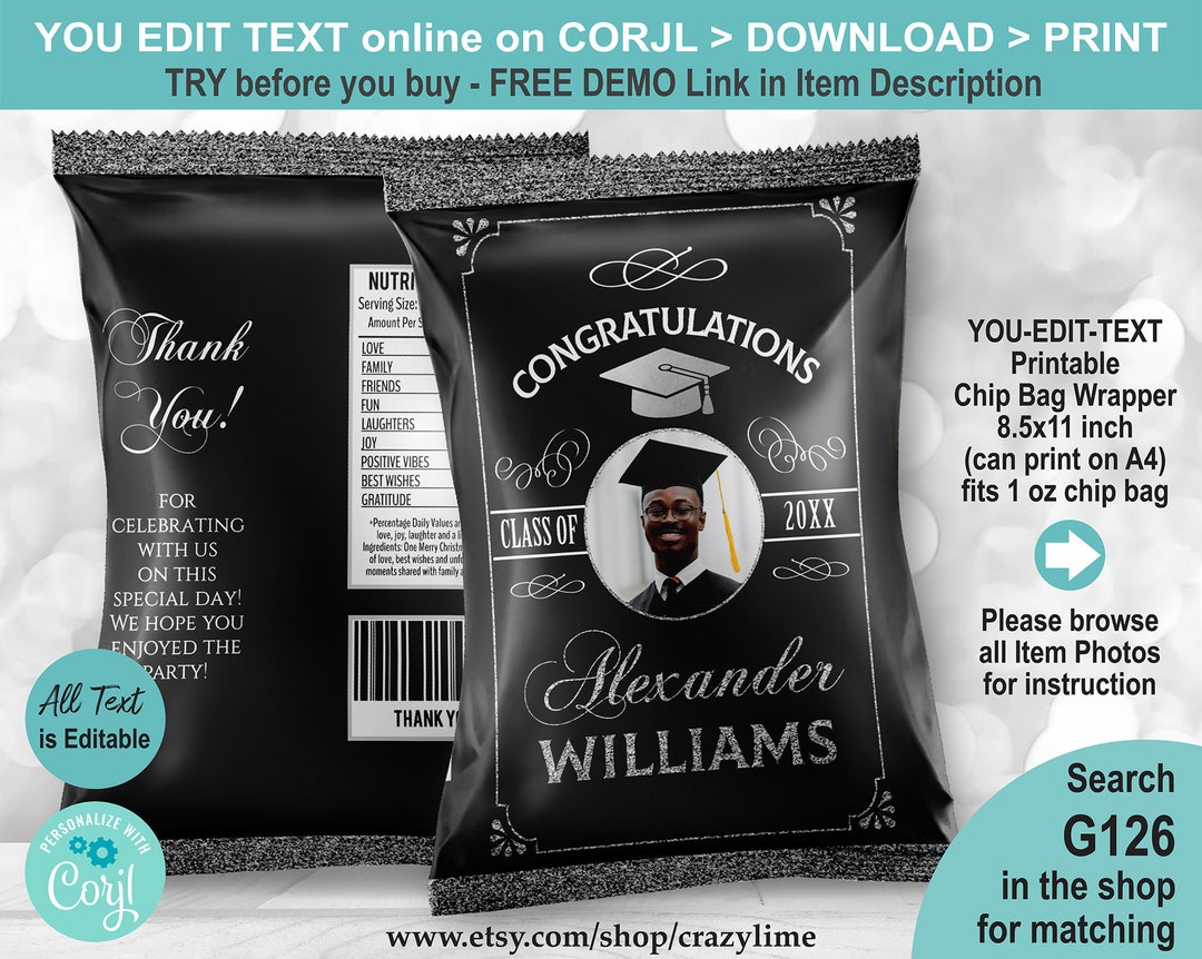 EDITABLE Class of 2025 Graduation Chip Bag Wrapper With Photo. Black ...