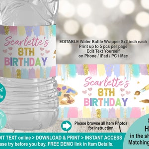 EDITABLE Pastel Art Painting Party Water Bottle Label Template ...