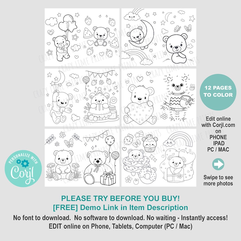 EDITABLE Bear Birthday Party Coloring Book. 8.5 X 11 Inch (5.5 X 8.5 ...