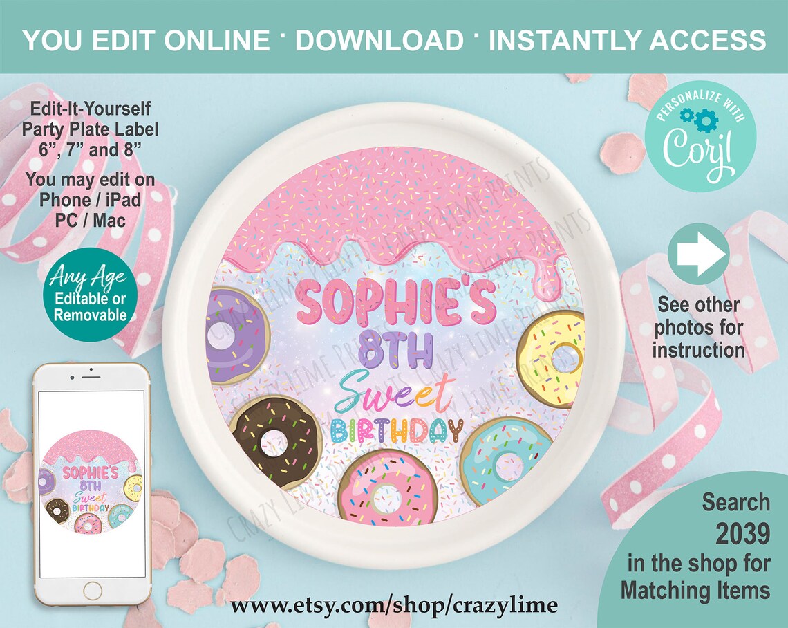 Editable Donut Birthday Party Plate Label Template. Printable - Etsy