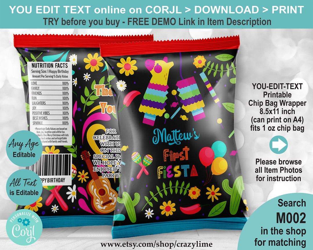 EDITABLE First Fiesta Birthday Chip Bag Template. Piñata Personalised ...