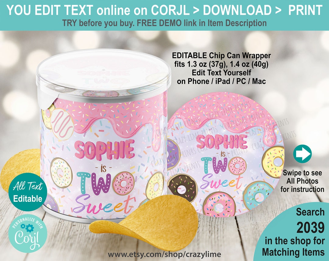 EDITABLE Donut Two Sweet Chip Can Wrapper Digital Template. Cute Pastel ...
