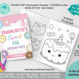 EDITABLE Donut Sweet Birthday Coloring Book. 8.5 X 11 Inch (5.5 X 8.5 ...