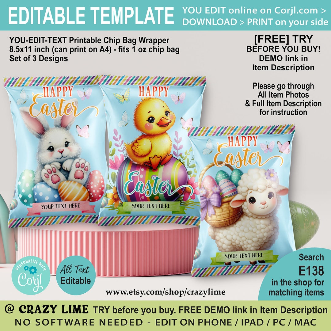 EDITABLE Happy Easter Chip Bag Template Set of 3 Bundle. Watercolor ...