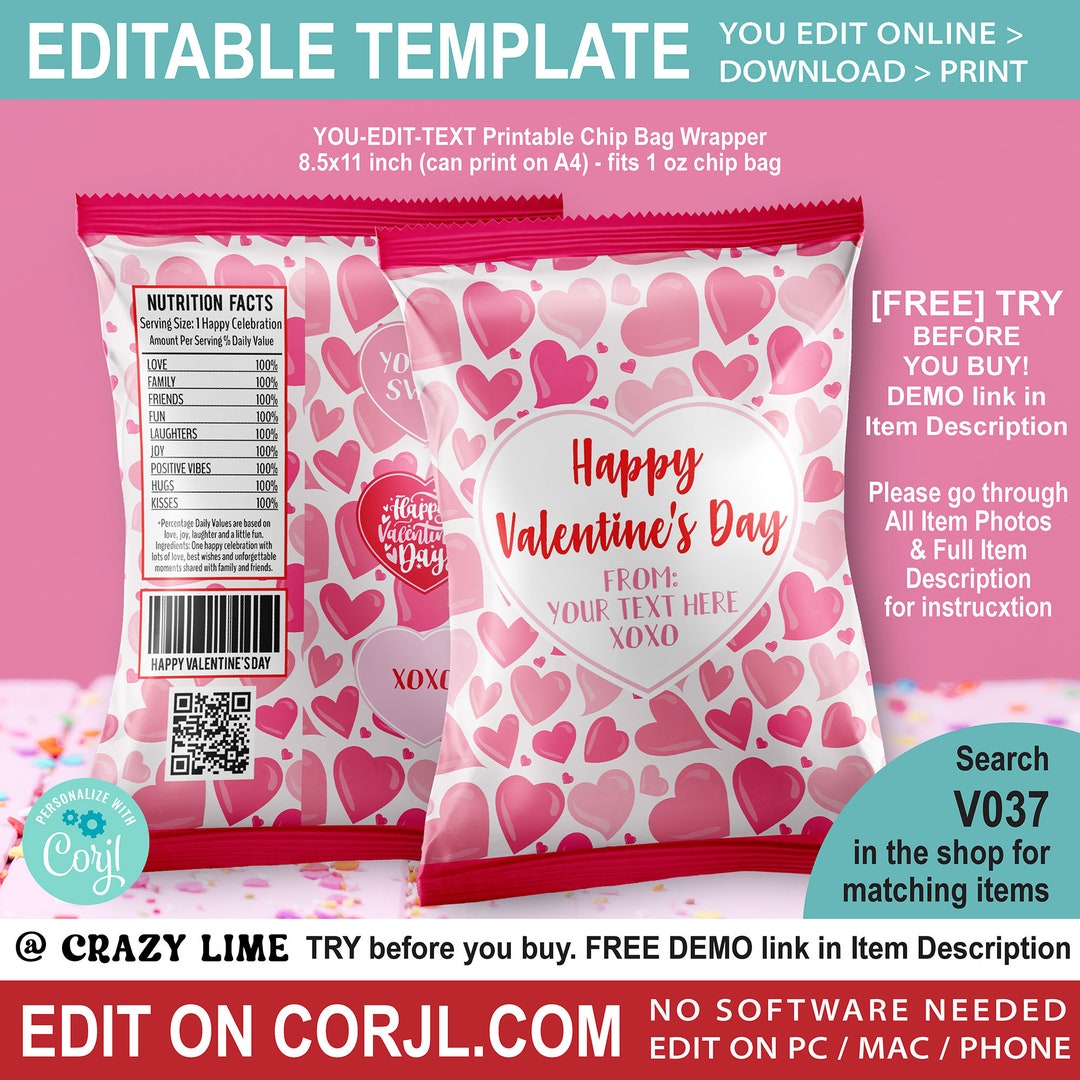 EDITABLE Happy Valentine's Day Chip Bag Template. Pink Heart You Are ...