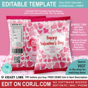 EDITABLE Happy Valentine's Day Chip Bag Template. Pink Heart ...