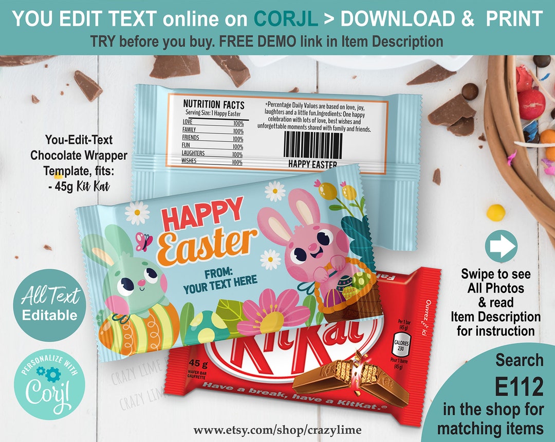 EDITABLE Happy Easter Bunny Chick Chocolate Wrapper Template ...