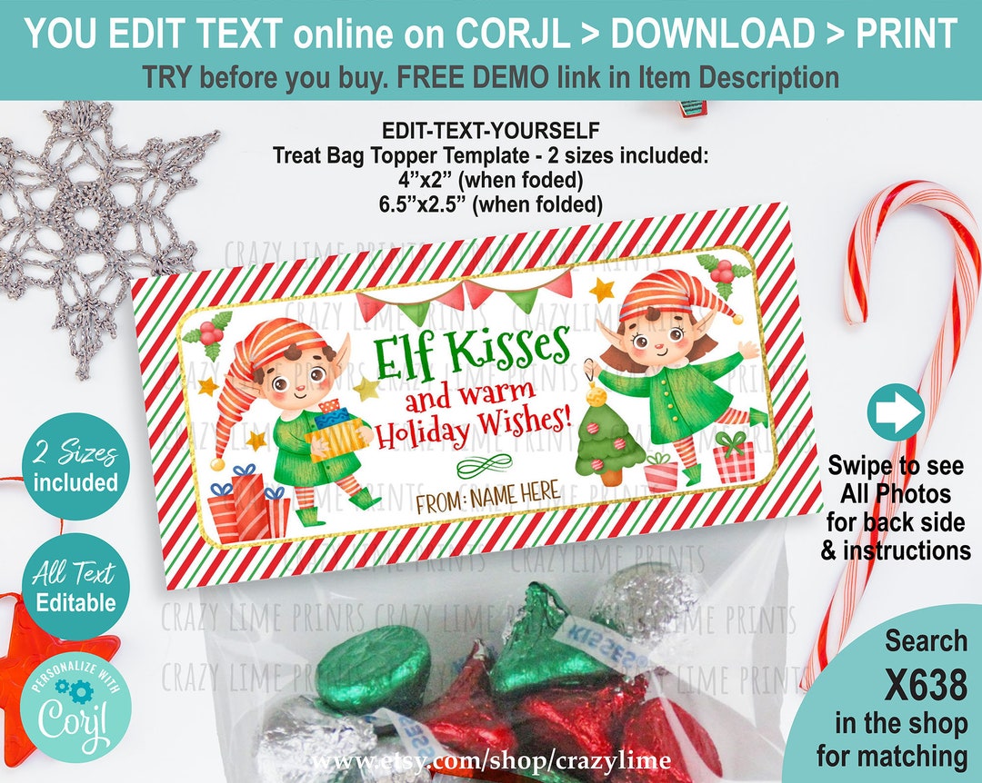 EDITABLE Elf Kisses Christmas Treat Bag Topper. Printable Kids Party ...