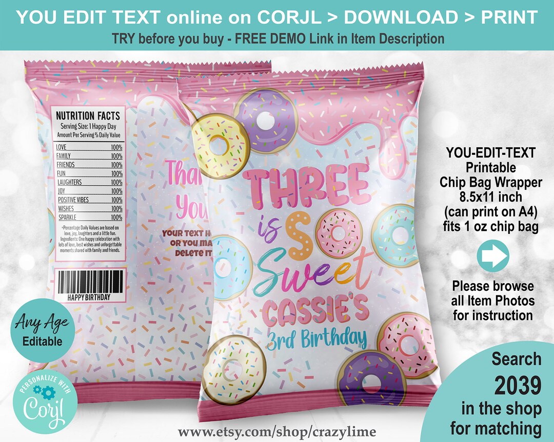 EDITABLE Donut Three is so Sweet 3rd Birthday Chip Bag Wrapper Template ...