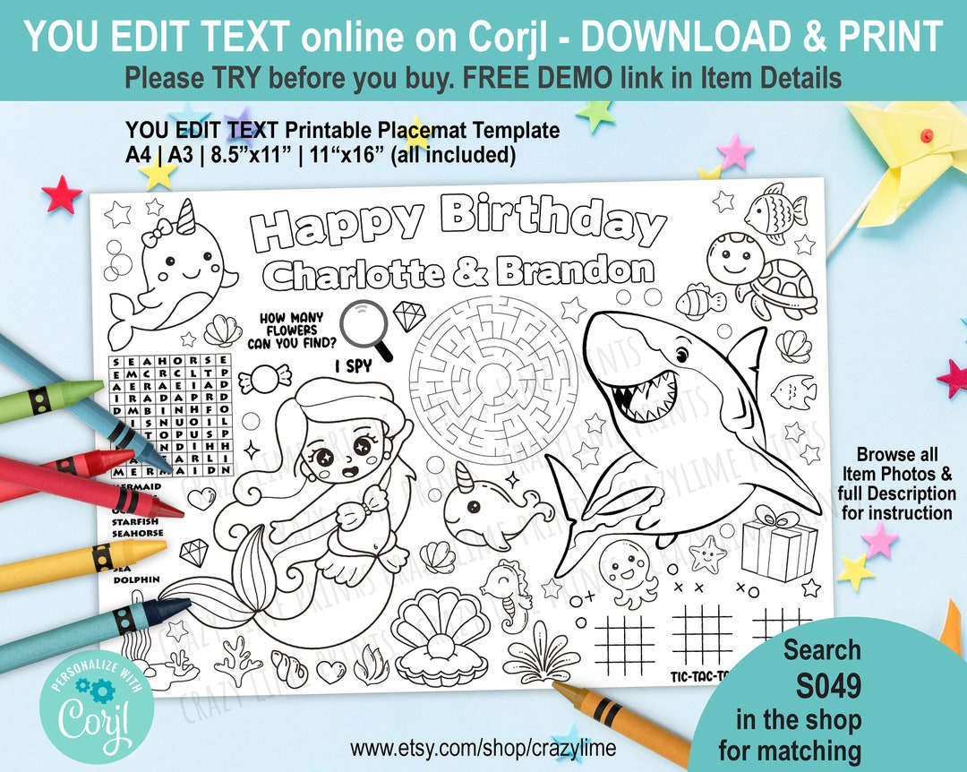 EDITABLE Mermaid Shark Birthday Party Placemat. Personalised Coloring ...