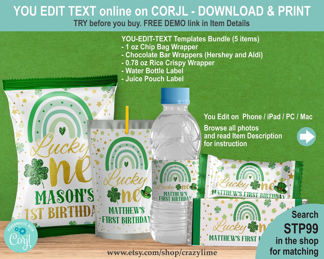 EDITABLE Lucky One 1st Birthday Party Favors Bundle. Set of 5 - Etsy