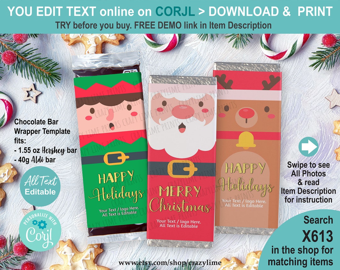 EDITABLE Christmas Chocolate Candy Bar Wrapper Set of 3 Bundle Assorted ...