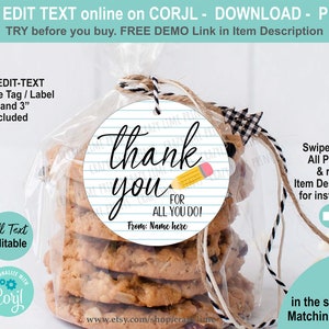 EDITABLE Teacher Appreciation Gift Tag. Last Day of School Treat Label ...