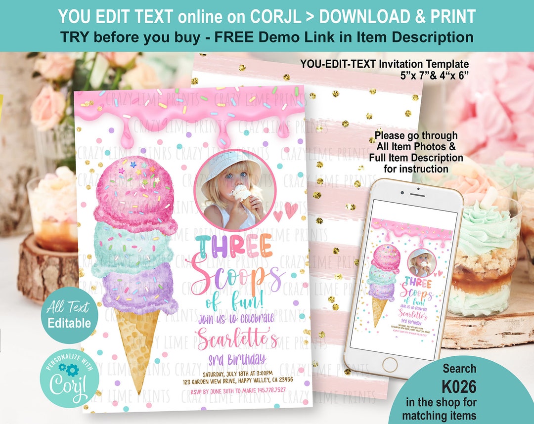 EDITABLE Ice Cream Three Scoops of Fun 3rd Birthday Party Invitation ...