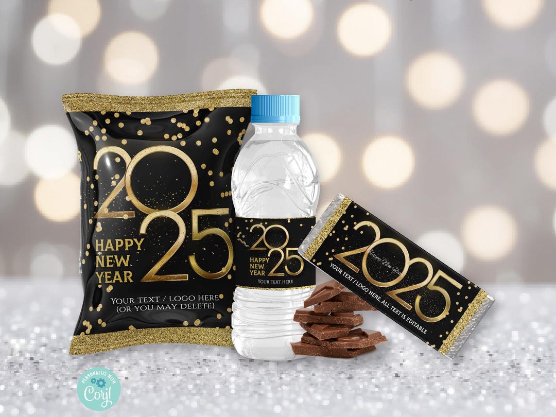 EDITABLE Happy 2025 New Year Party Treat Snack Label Package Bundle ...