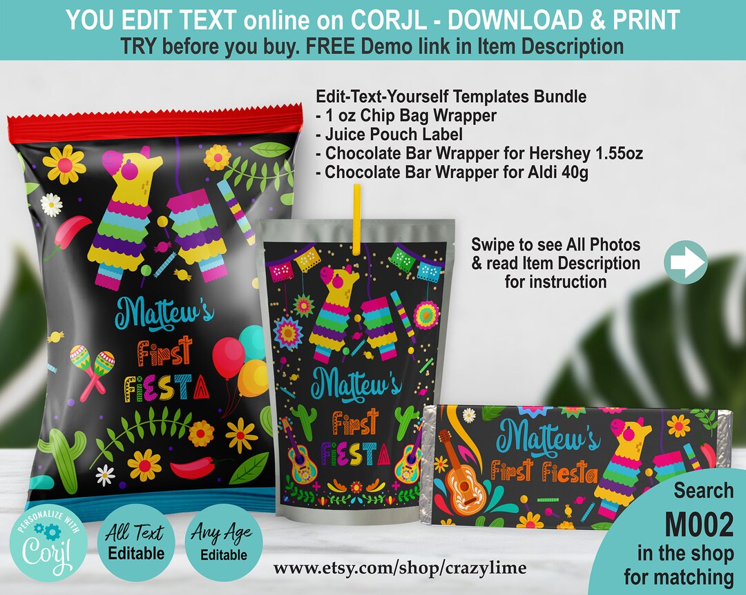 EDITABLE Fiesta First 1st Birthday Party Favors Bundle Set of 3 ...