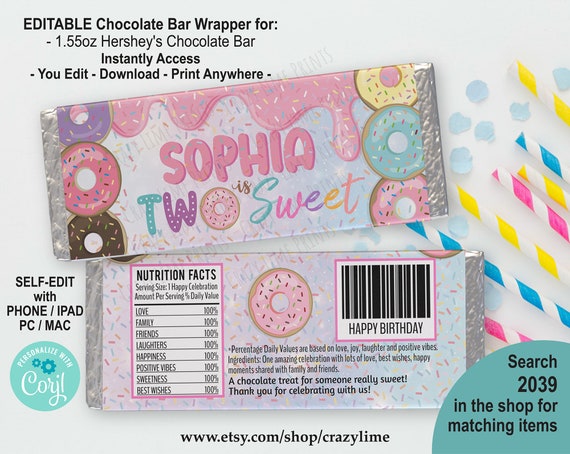 EDITABLE Donut Two Sweet 2nd Birthday Chocolate Candy Bar | Etsy