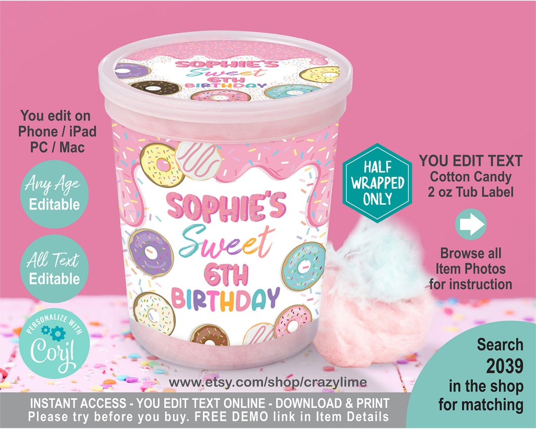 EDITABLE Donut Sweet Birthday Cotton Candy 2 Oz Tub Label. Any Age ...