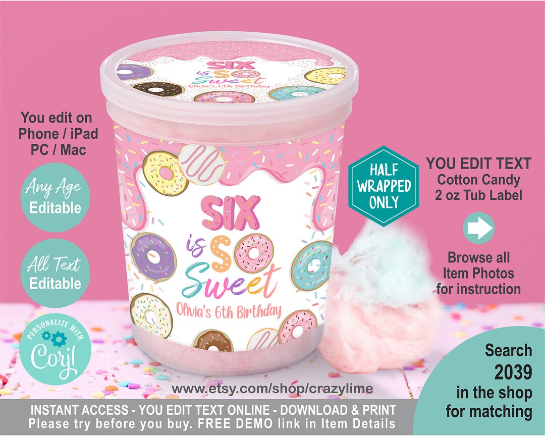 EDITABLE Donut Sweet 6th Birthday Cotton Candy 2 Oz Tub Label ...