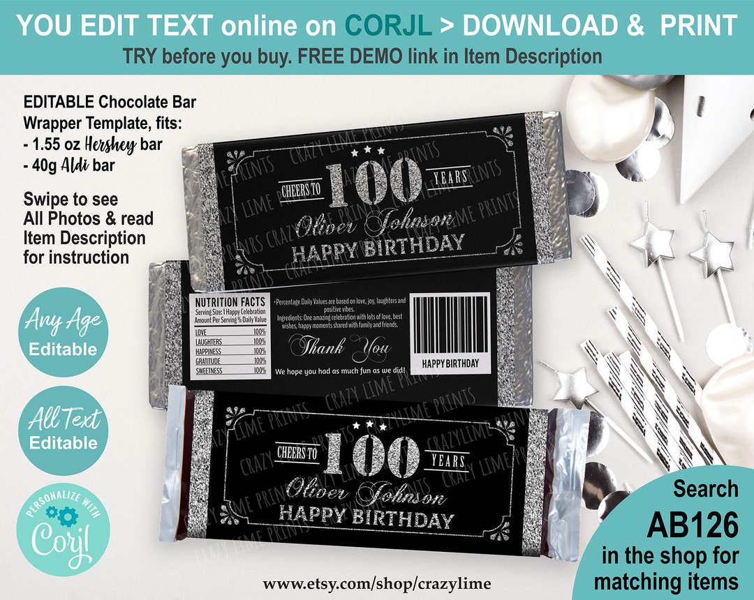 EDITABLE 100th Birthday Chocolate Candy Bar Wrapper Personalised Template. Cheers to 100 Years ...