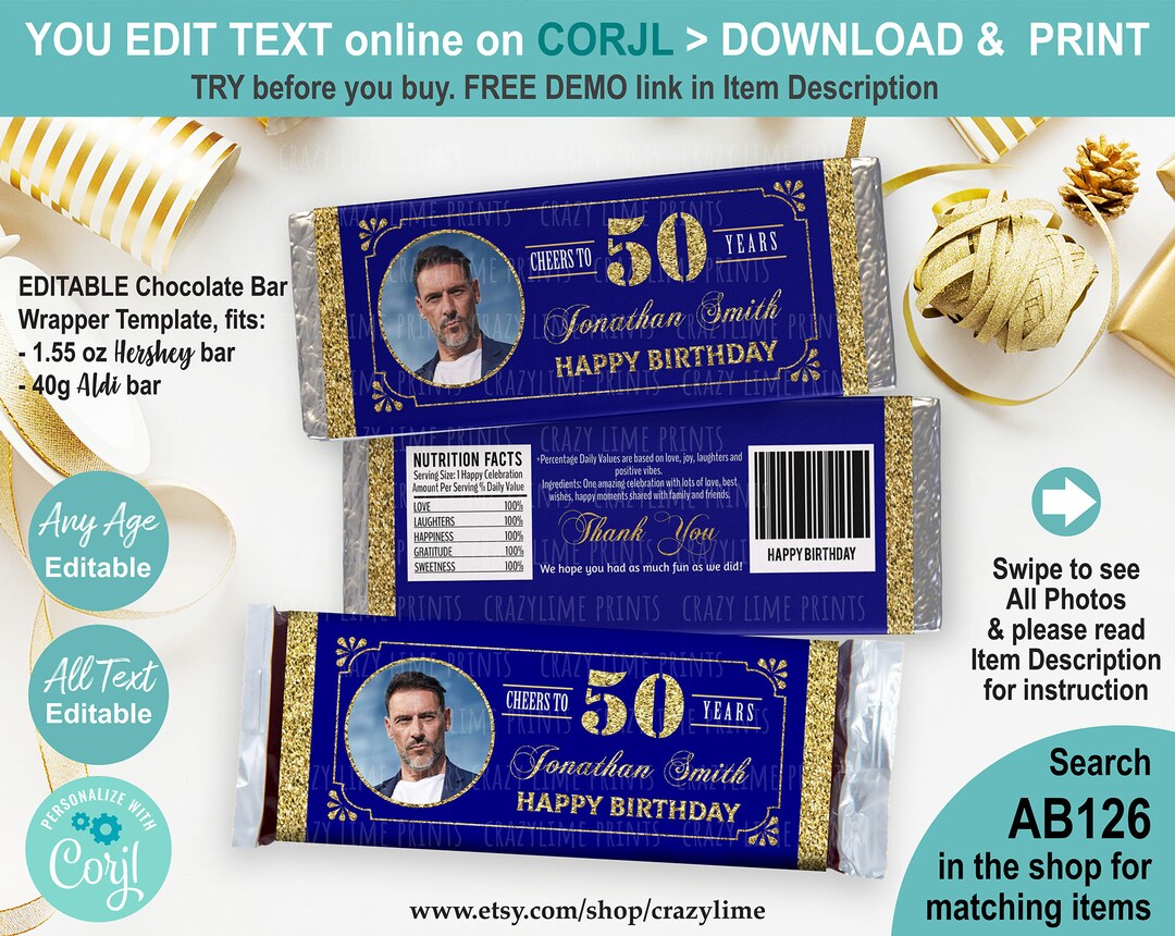 EDITABLE 50th Birthday Chocolate Candy Bar Wrapper Personalised ...