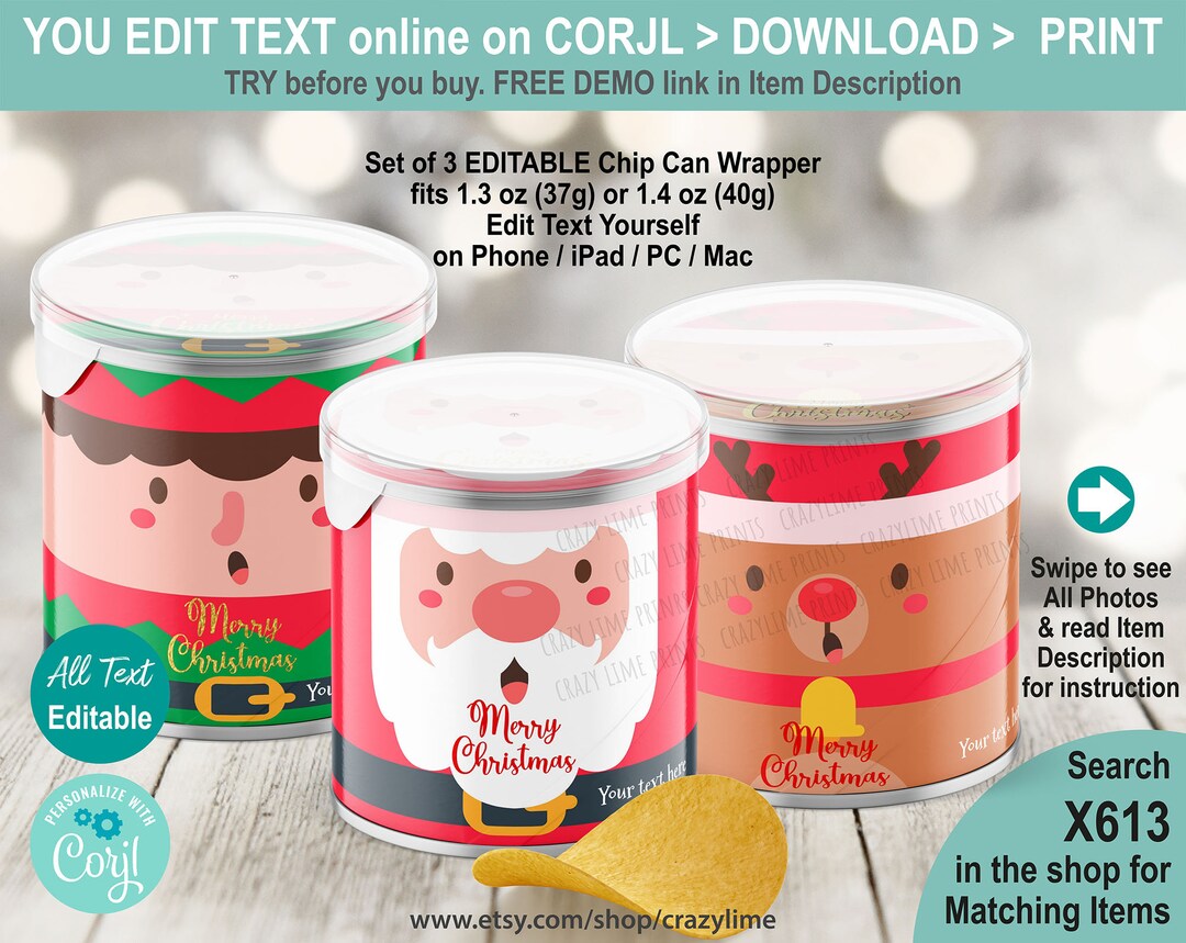 EDITABLE Christmas Chip Can Wrapper Set of 3 Bundle Digital Template ...
