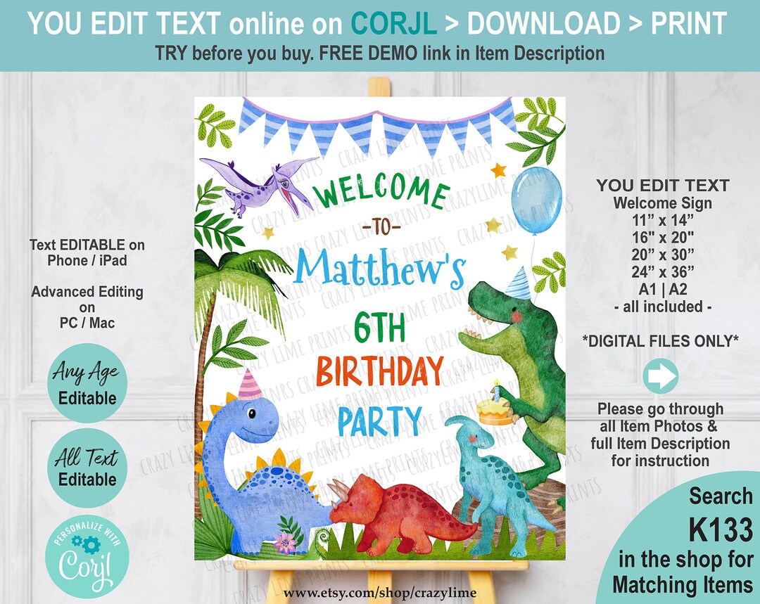 EDITABLE Dinosaur Birthday Party Welcome Sign Printable Template. Kid ...