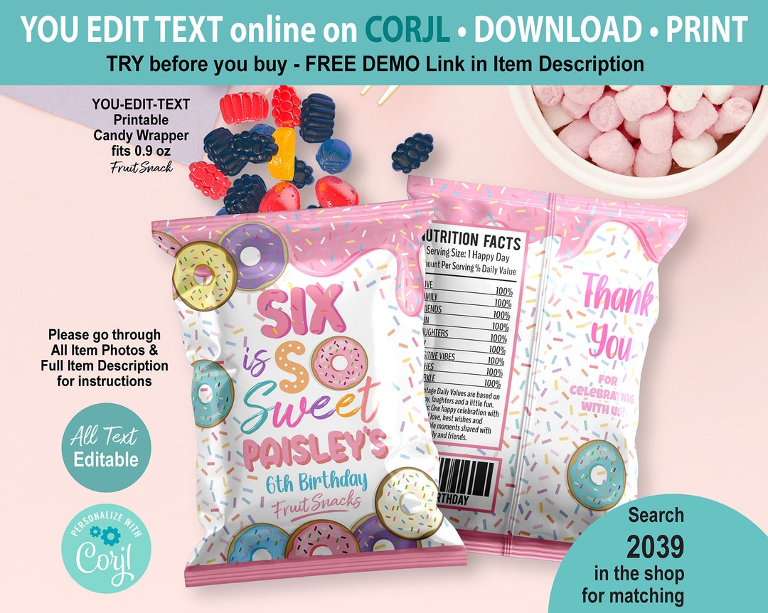 EDITABLE Donut 6 is so Sweet Fruit Candy Snack Wrapper Template. Pastel ...