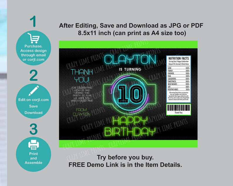 EDITABLE Neon Green Boy Birthday Chip Bag Wrapper Template. | Etsy