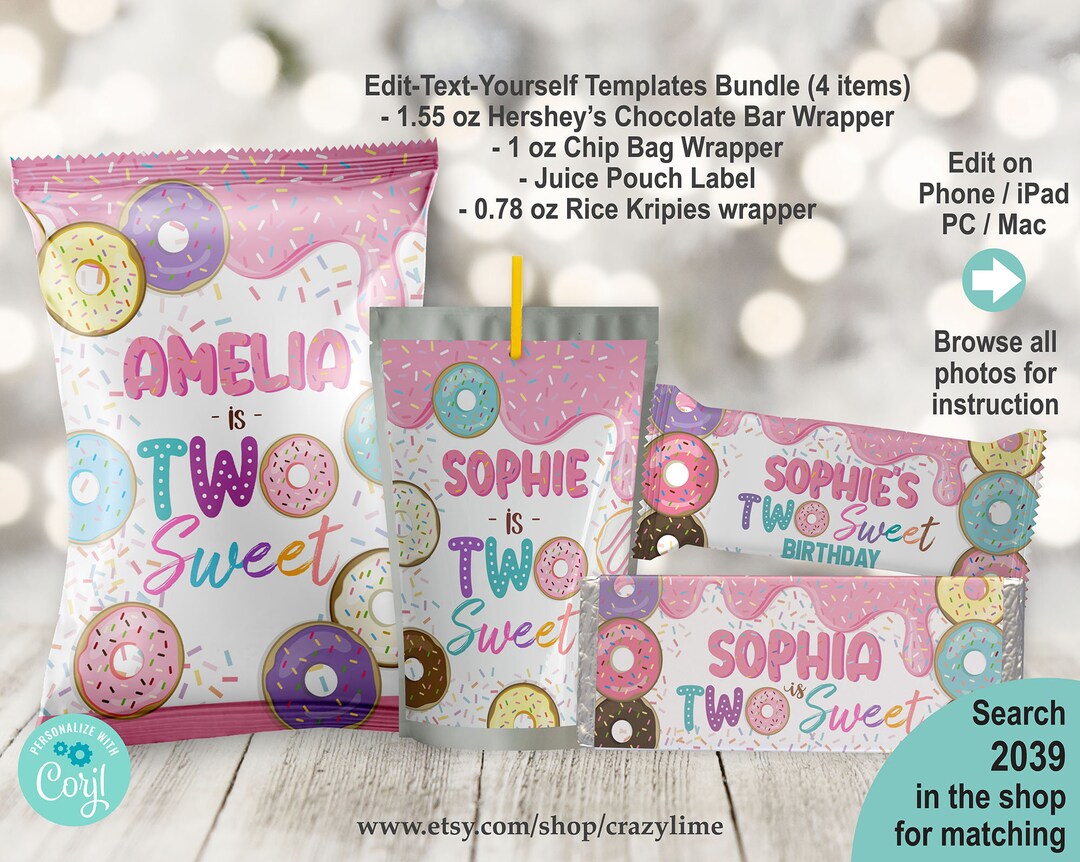 EDITABLE Donut Two Sweet 2nd Birthday Party Favors Bundle 4 Templates ...