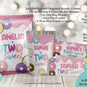 EDITABLE Donut Two Sweet 2nd Birthday Party Favors Bundle Template ...
