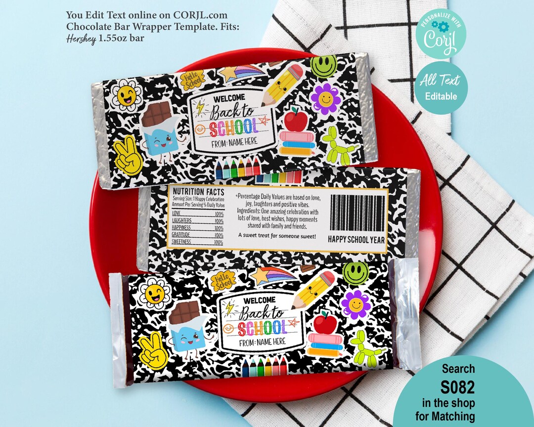 Back to School Chocolate Candy Bar Wrapper EDITABLE Template. Sweet ...