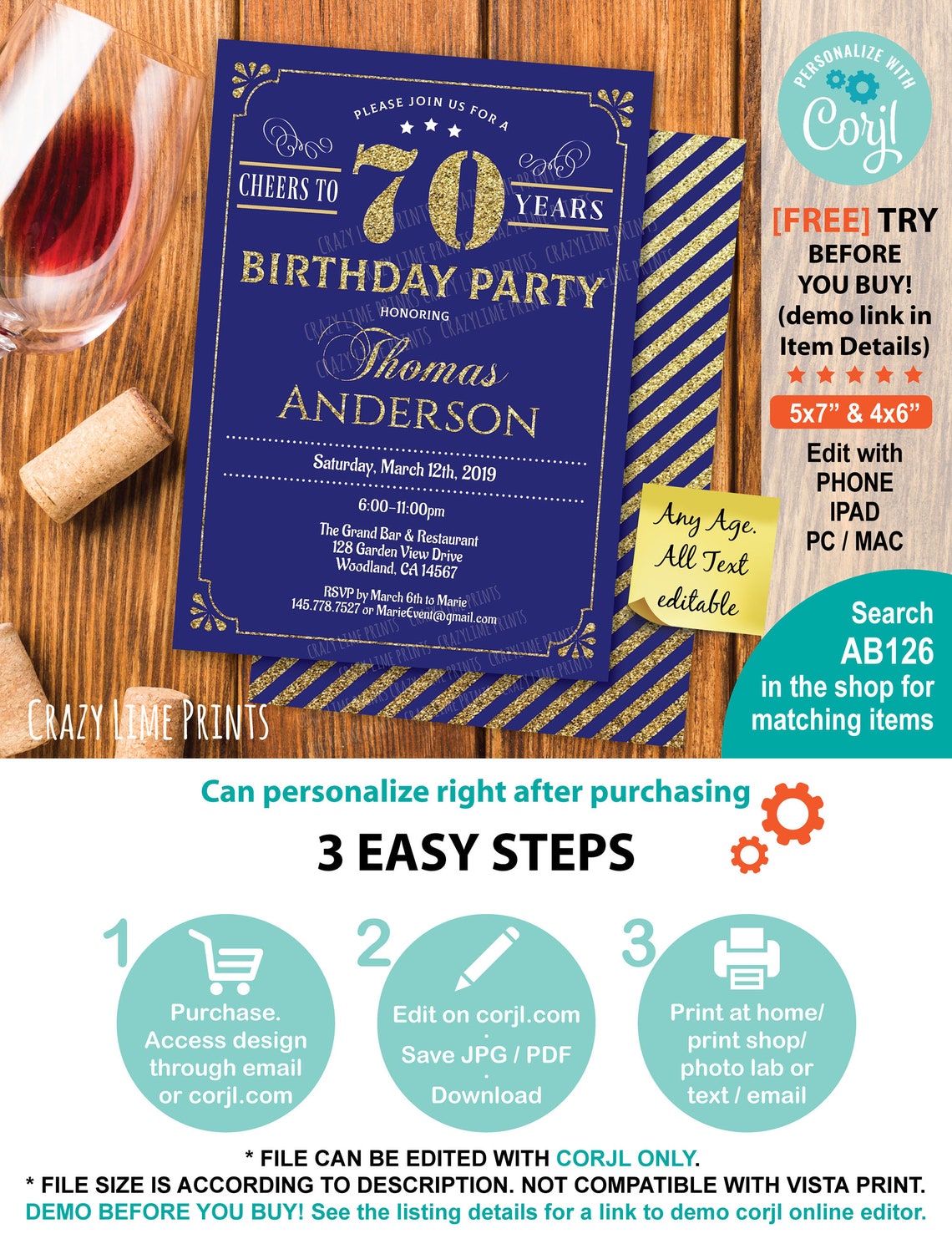 70th Birthday Invitation Editable Digital Download Cheers To Etsy