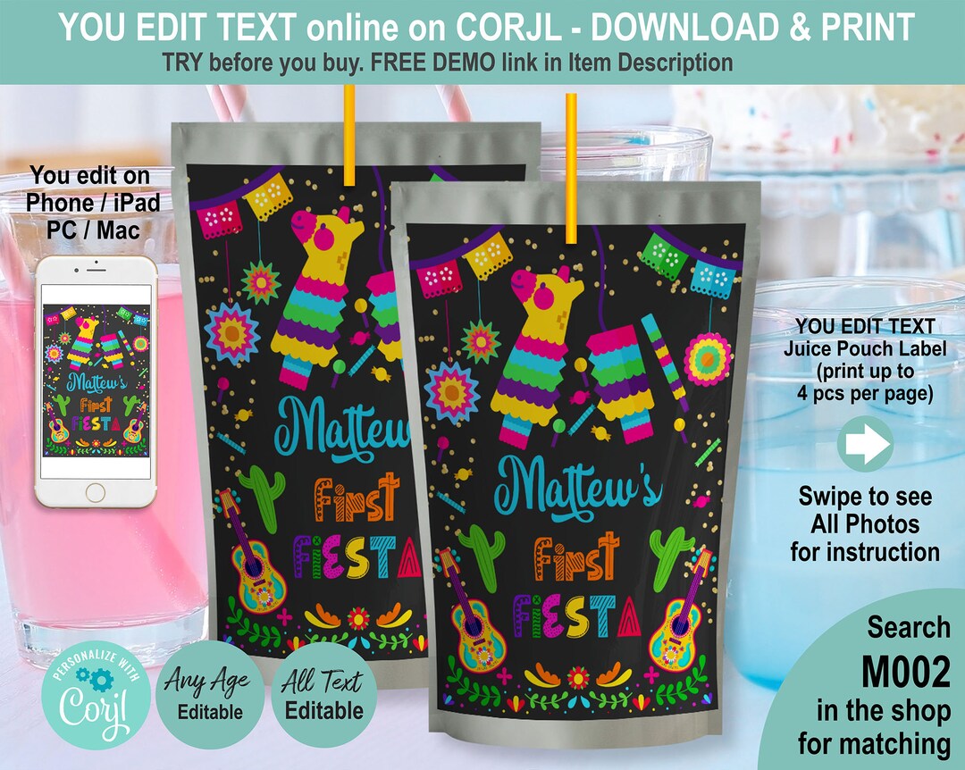 EDITABLE Piñata 1st Fiesta Birthday Juice Pouch Label. Printable ...