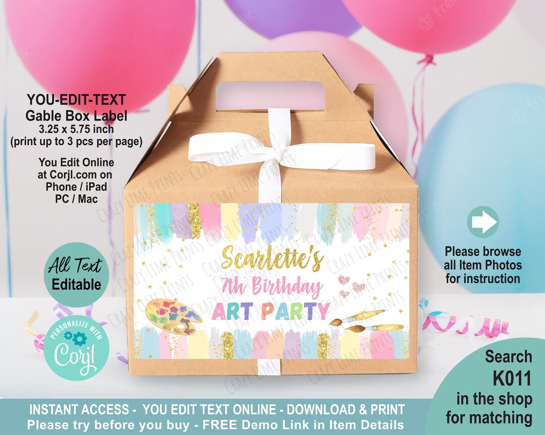 EDITABLE Pastel Art Party Birthday Gable Box Label Template. - Etsy