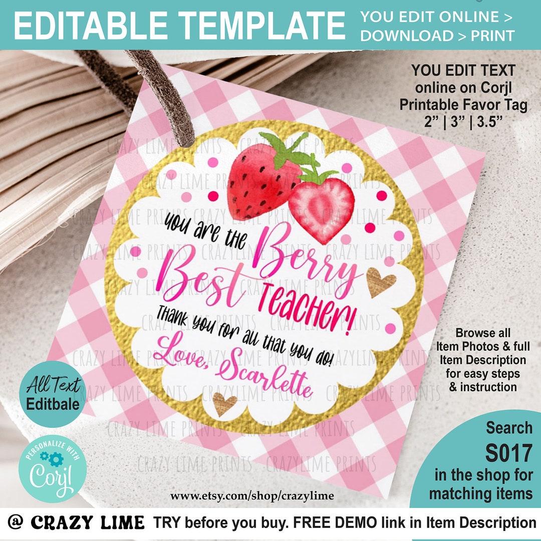 Strawberry Teacher Appreciation Gift Tag EDITABLE Template ...