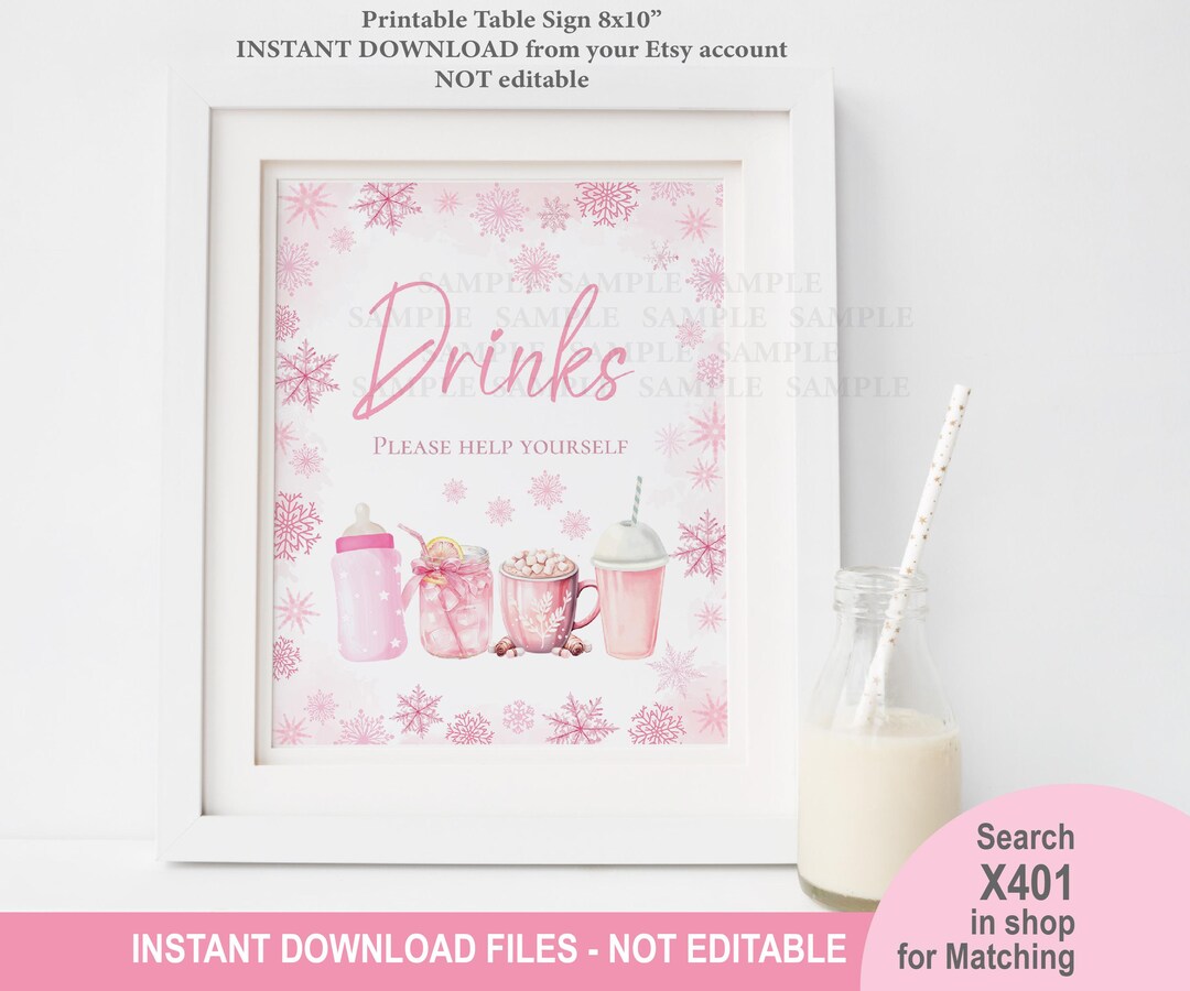 Baby It's Cold Drinks Table Sign 8x10. Pink Snowflake Girl Baby Shower ...