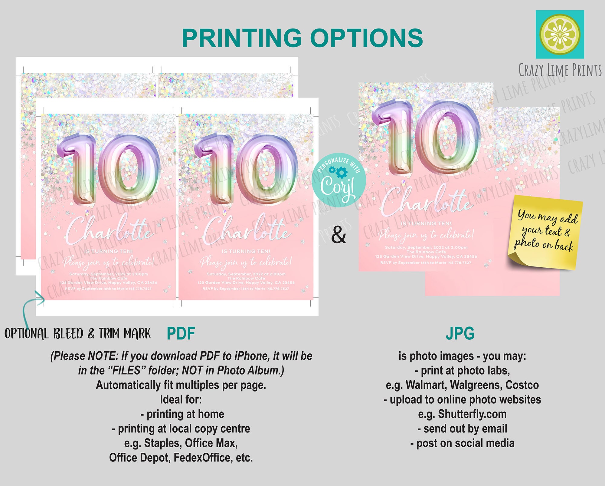 EDITABLE Girl 10th Birthday Invitation Template. Pink Rainbow | Etsy