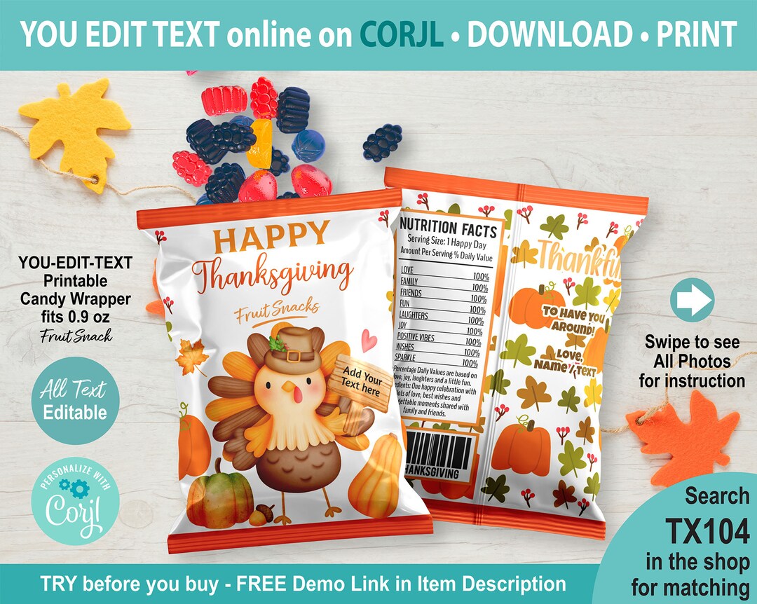 EDITABLE Thanksgiving Fruit Candy Snacks Wrapper Template. Cute Little ...
