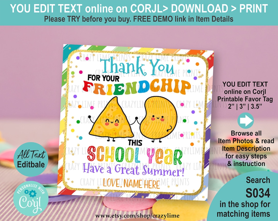 EDITABLE Friend Chip Bag Gift Tag. Last Day of School - Etsy