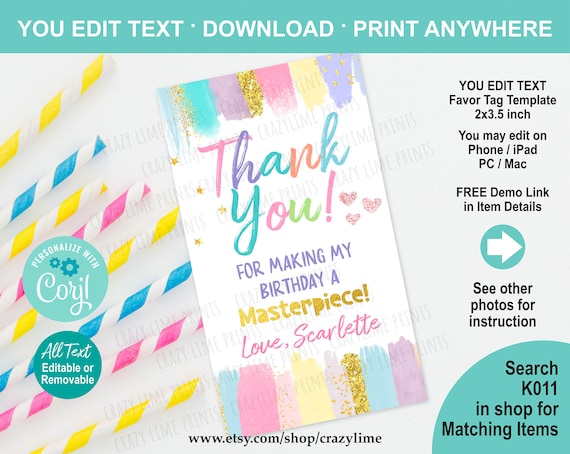 Editable Art Party Favor Tag. Pastel Rainbow Painting Party | Etsy