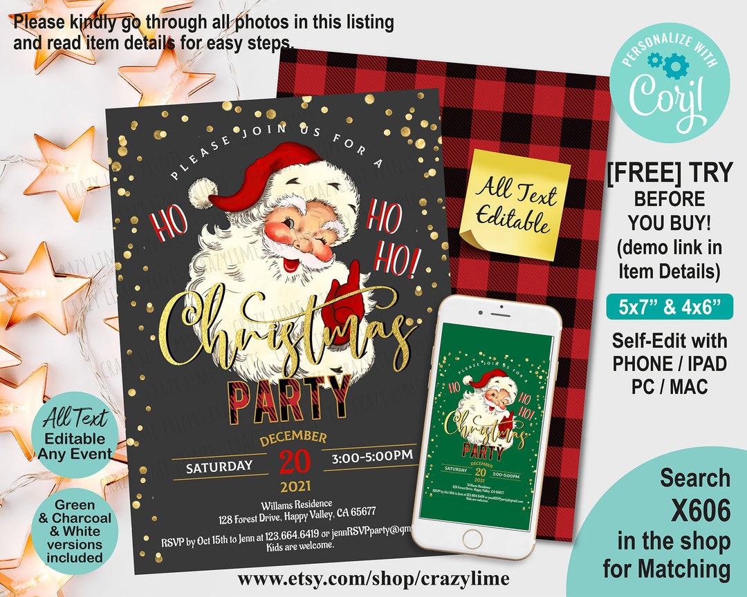 Santa Christmas Party Invitation Editable Template. Digital Invite ...