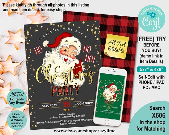 Santa Christmas Party Invitation Editable Template. Digital | Etsy