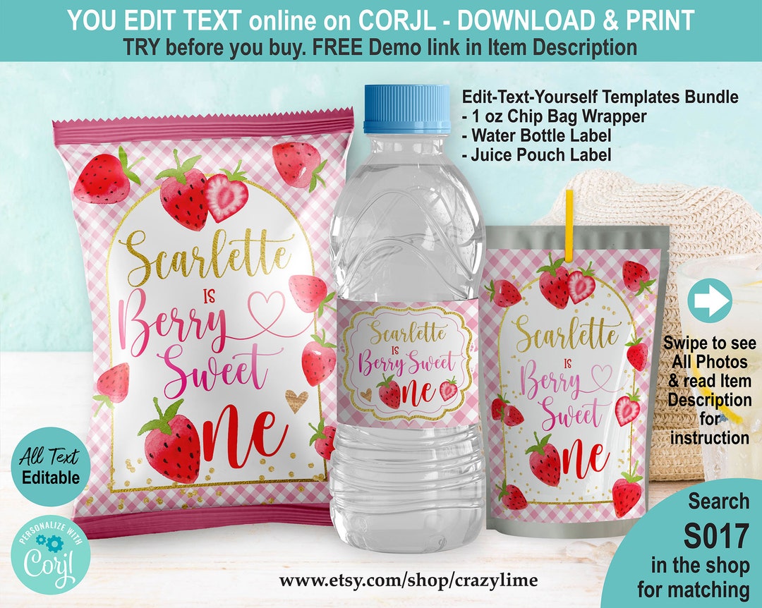 EDITABLE Berry Sweet One Strawberry 1st Birthday Party Favor Bundle Set ...