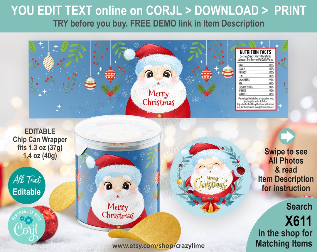 EDITABLE Christmas Santa Chip Can Wrapper Digital Template. - Etsy