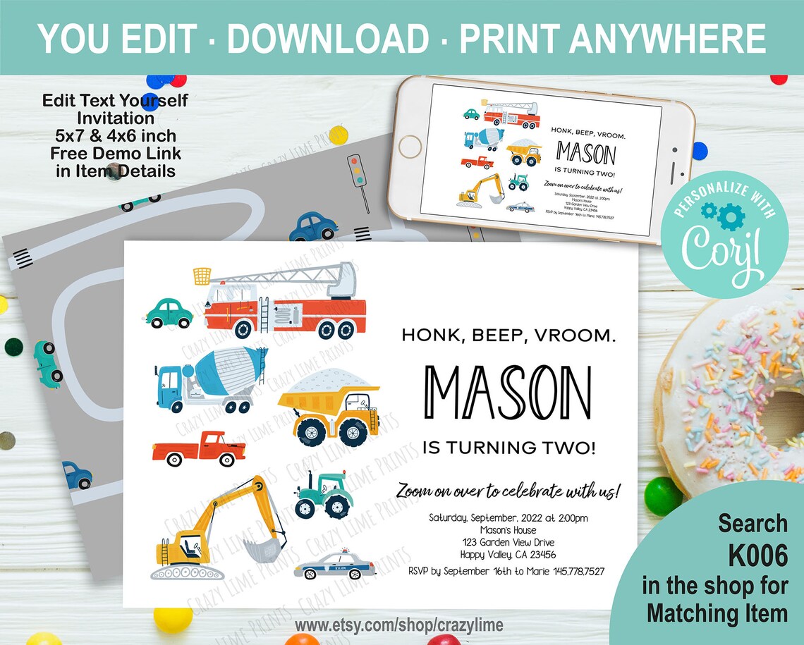 Editable Transportation Birthday Party Invitation Template. | Etsy