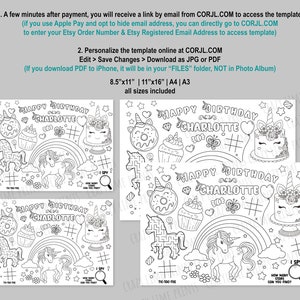 EDITABLE Unicorn Placemat. Personalised Birthday Party Coloring & Game ...