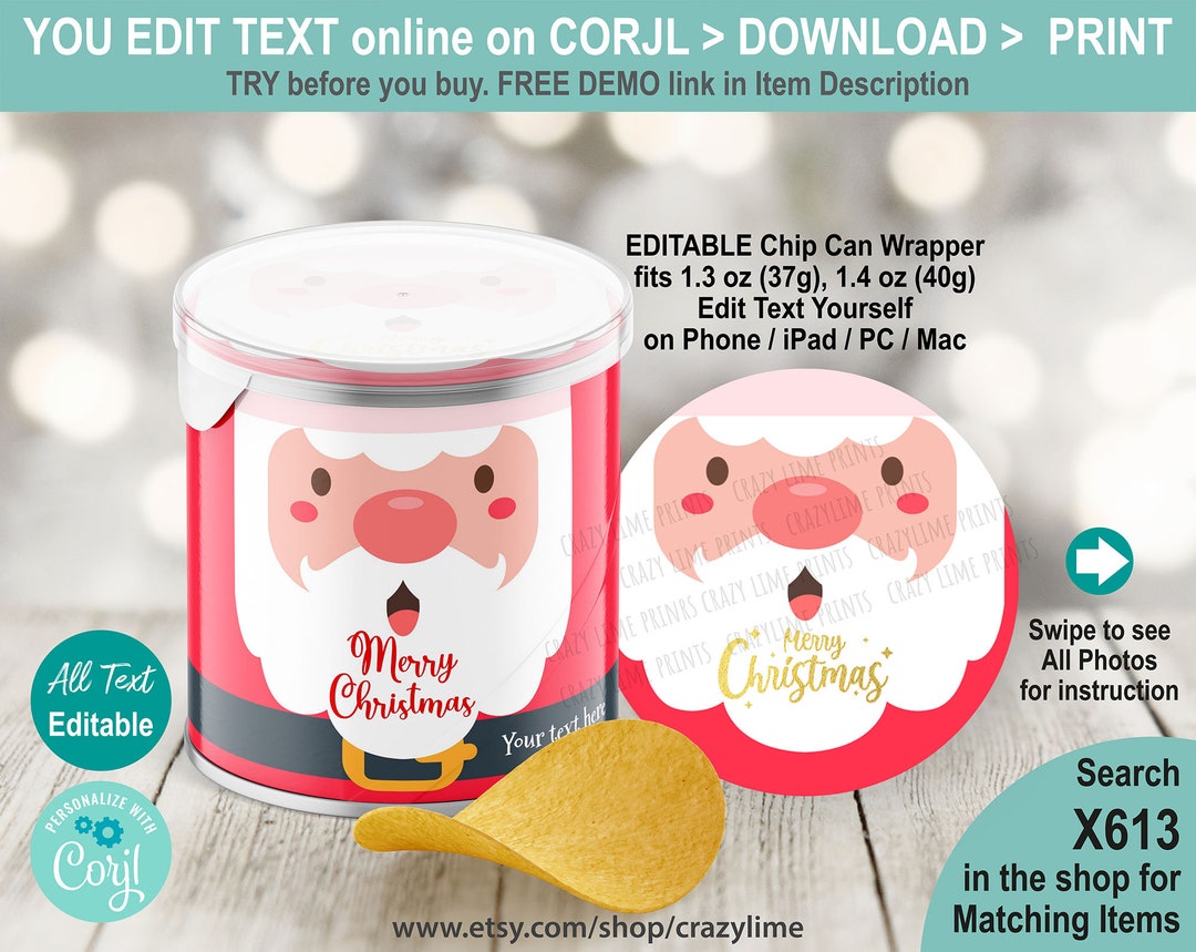 EDITABLE Christmas Santa Chip Can Wrapper Digital Template. Cute Potato ...