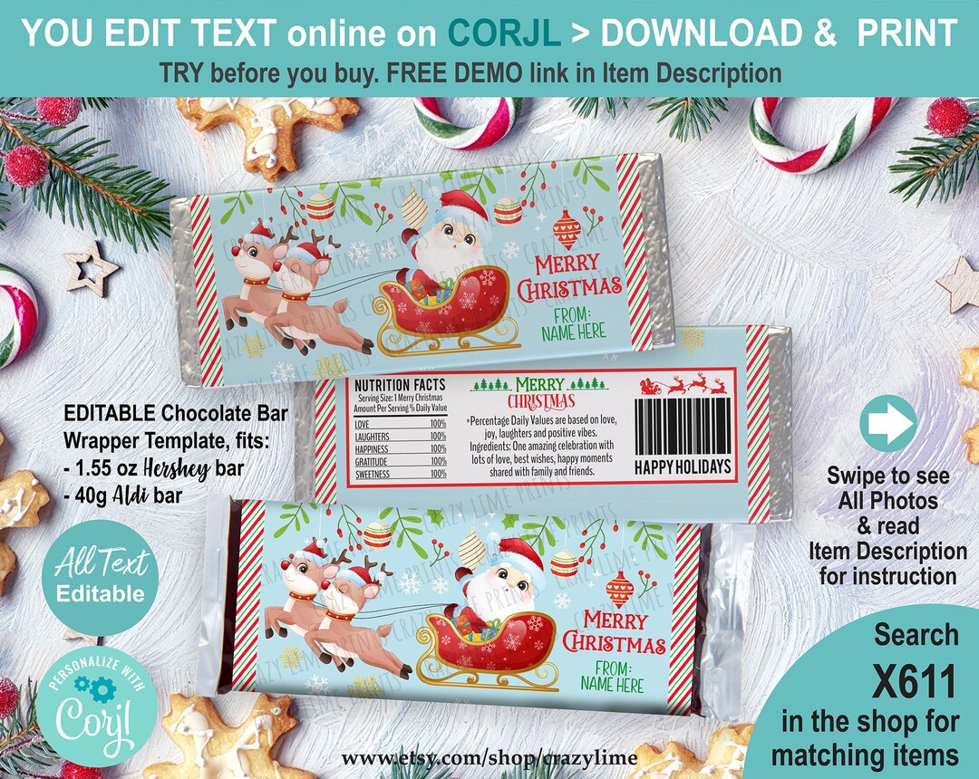 EDITABLE Santa Chocolate Candy Bar Wrapper Personalised Template. Cute ...