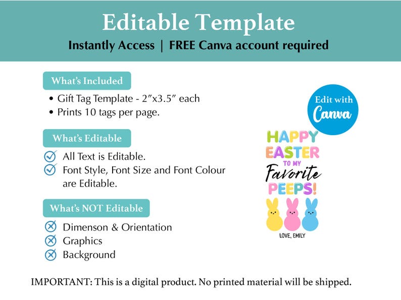 Editable Easter Gift Tag – Bunny Peeps, Canva Template (digital ...